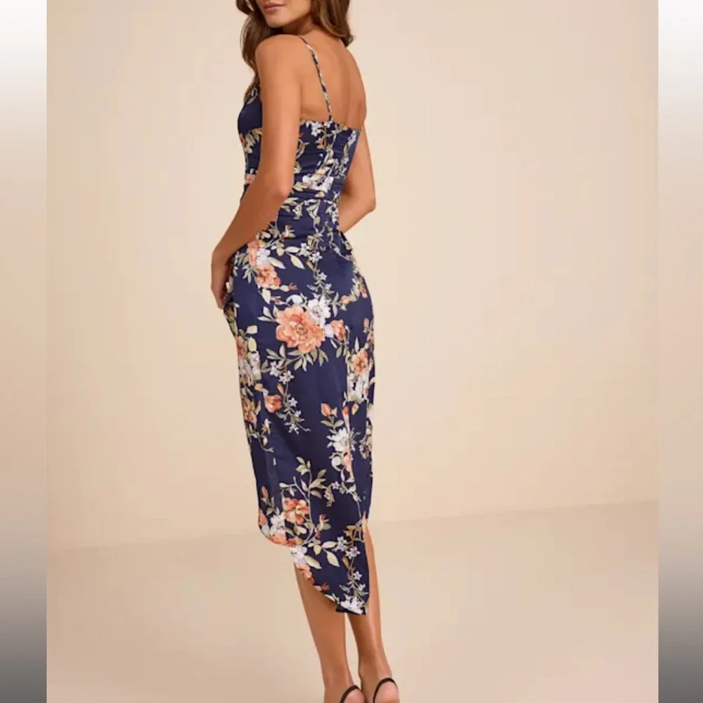 Lulus | Dresses | Lulus Navy Blue Floral Print Tulip Skirt Midi Dress ...